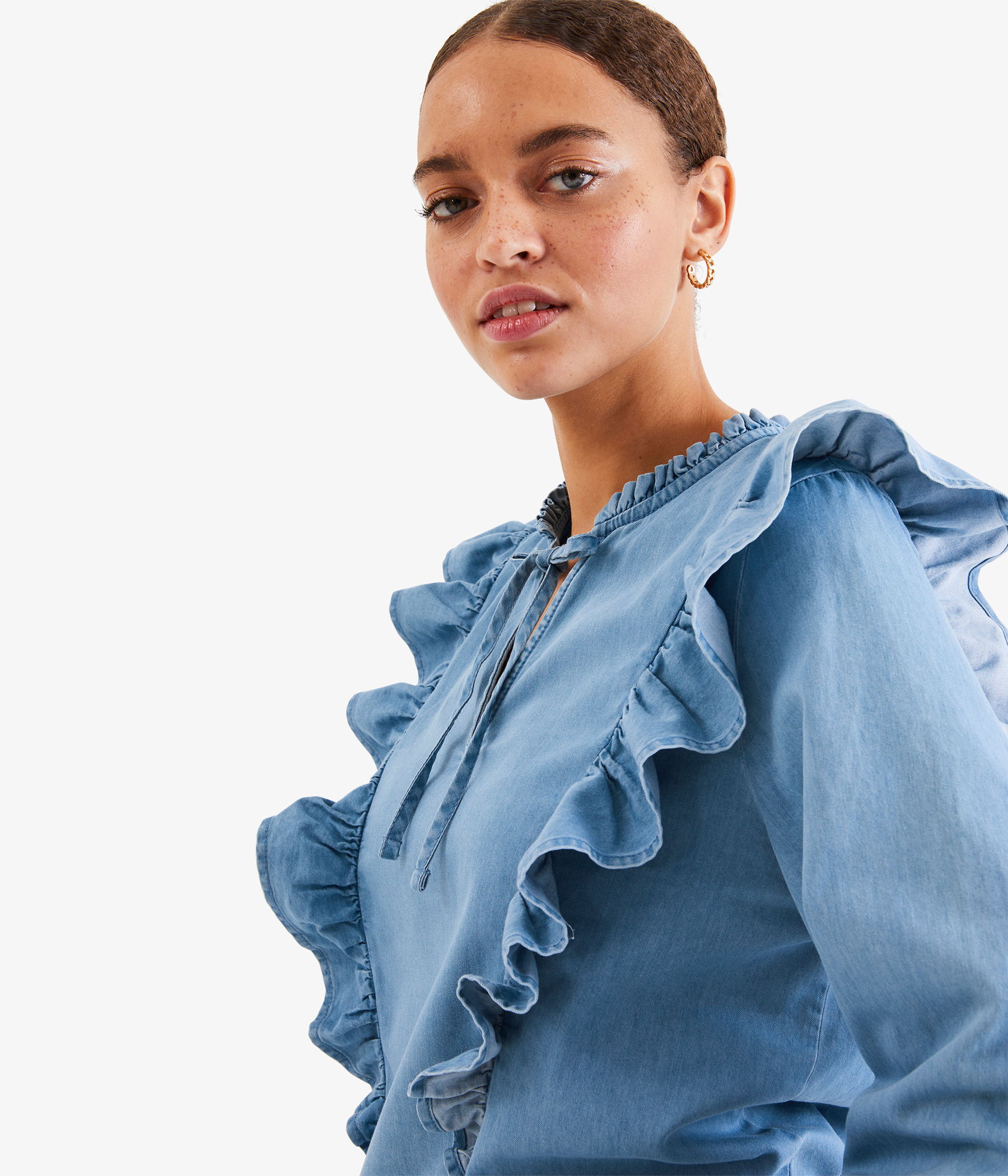 Denimblus med volanger | Denim | Dam