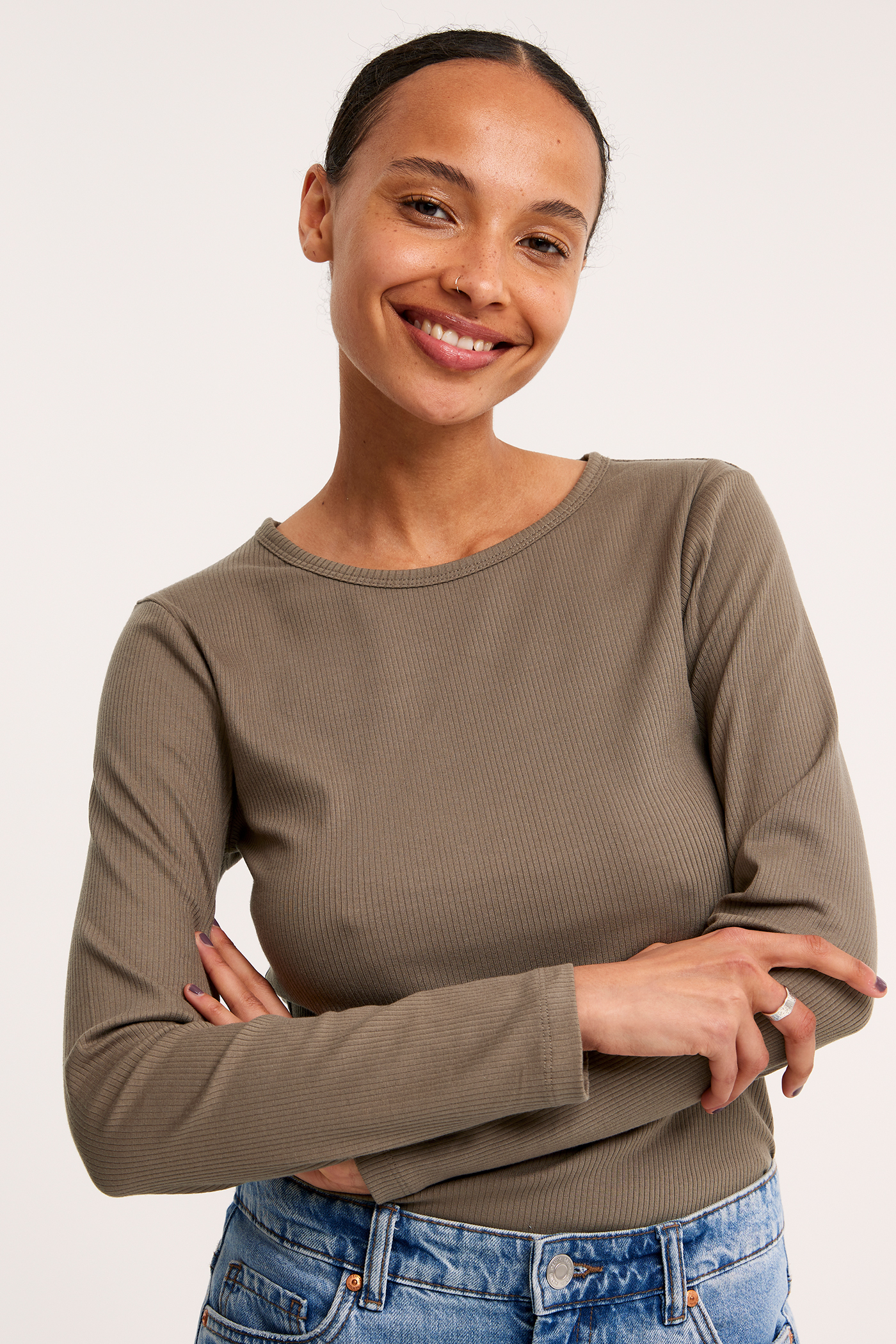 Ribbad långärmad topp | Brun | Dam | Kappahl