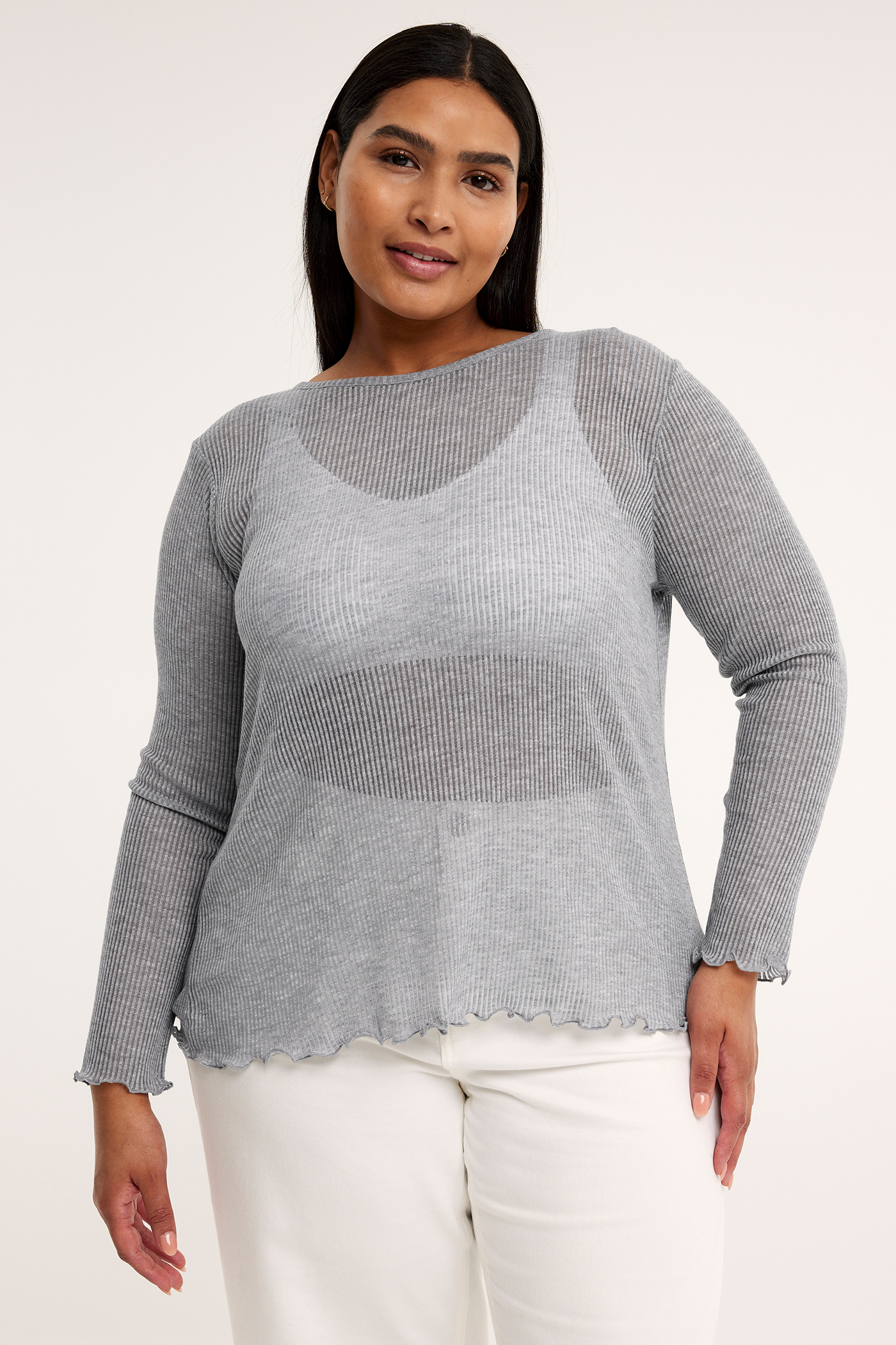 Ribbad topp | Ljusgrå | Dam | XLNT